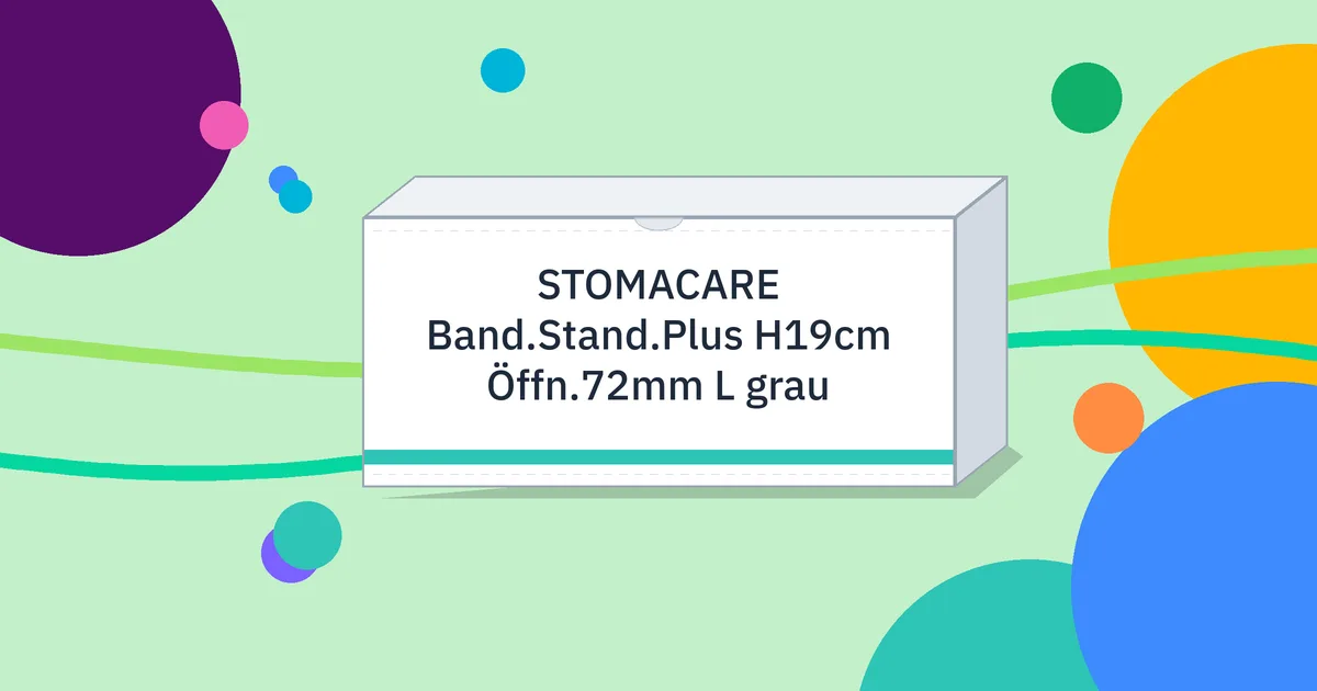 Symbolbild: Packung mit der Aufschrift STOMACARE Band.Stand.Plus H19cm Öffn.72mm L grau (PZN 16750602) – Verfügbarkeit und Bezug in Apotheken in Frankfurt am Main