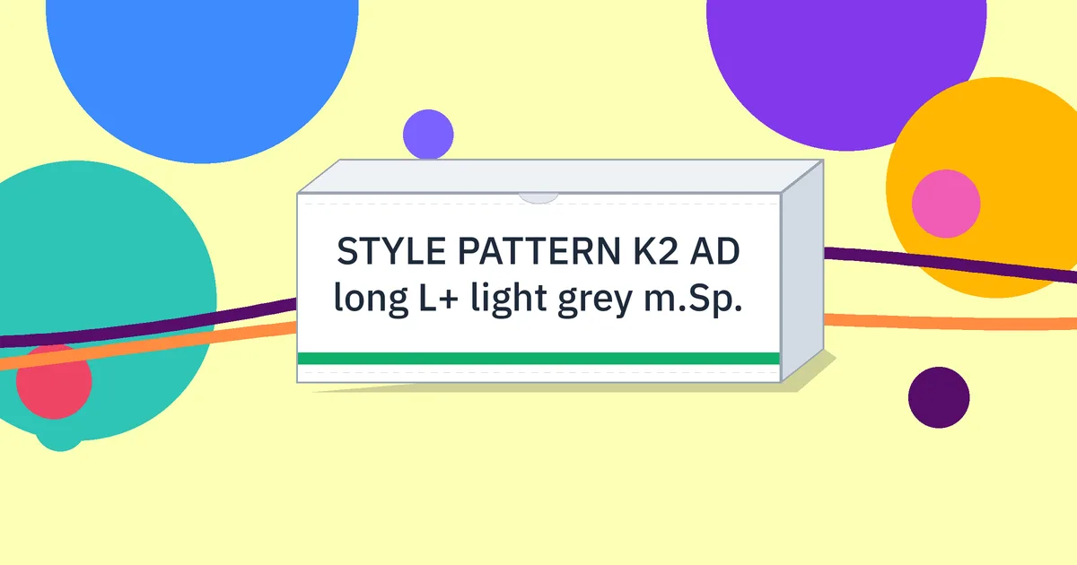 Symbolbild: Packung mit der Aufschrift STYLE PATTERN K2 AD long L+ light grey m.Sp. (PZN 19695140) – Verfügbarkeit und Bezug in Apotheken in Frankfurt am Main