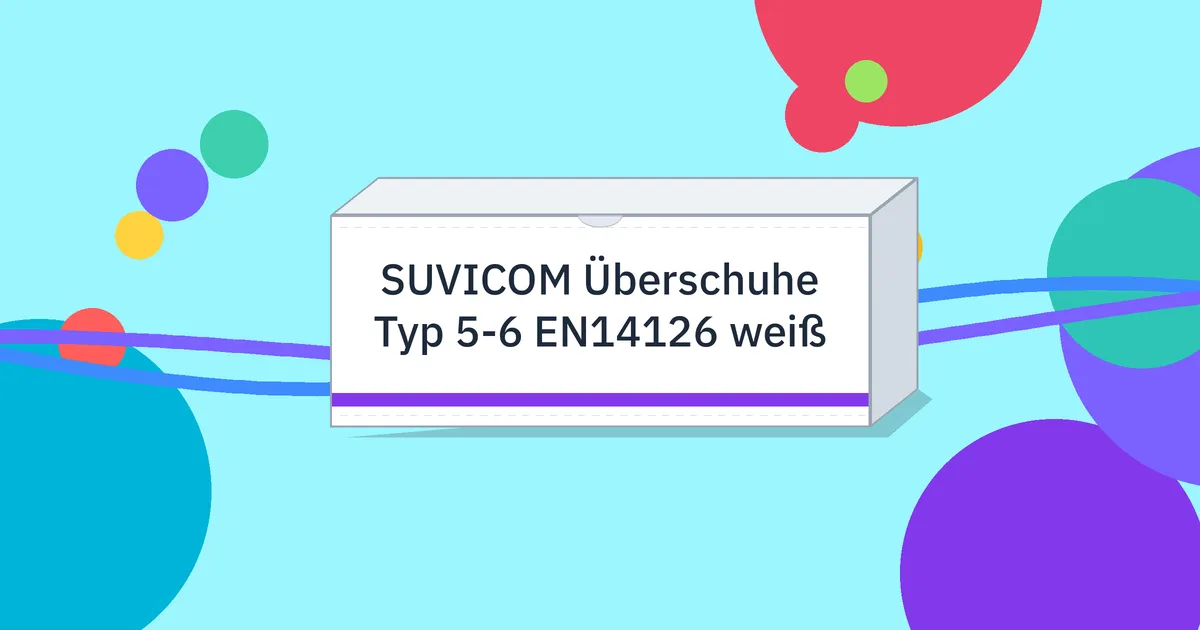 Symbolbild: Packung mit der Aufschrift SUVICOM Überschuhe Typ 5-6 EN14126 weiß (PZN 17539743) – Verfügbarkeit und Bezug in Apotheken in Frankfurt am Main