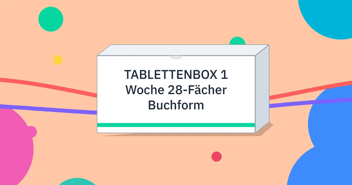 Symbolbild: Packung mit der Aufschrift TABLETTENBOX 1 Woche 28-Fächer Buchform (PZN 06838193) – Verfügbarkeit und Bezug in Apotheken in Frankfurt am Main