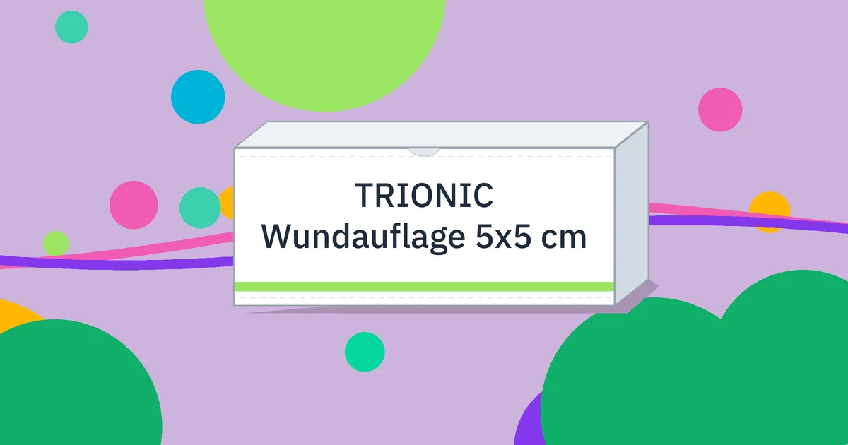 Symbolbild: Packung mit der Aufschrift TRIONIC Wundauflage 5x5 cm (PZN 14325680) – Verfügbarkeit und Bezug in Apotheken in Frankfurt am Main