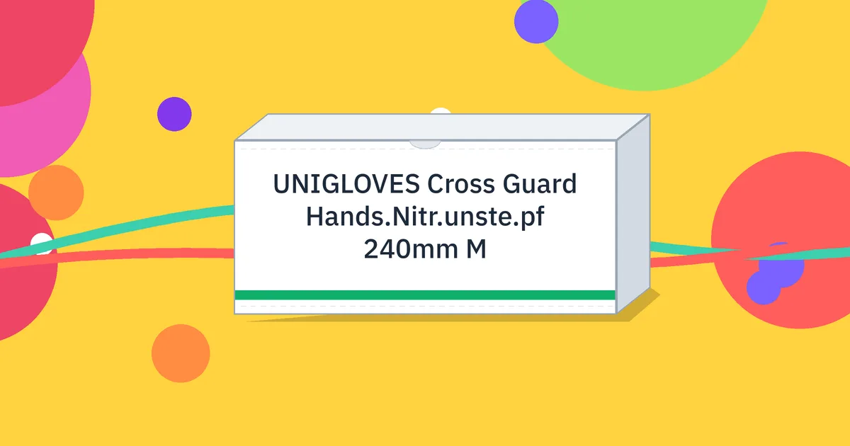 Symbolbild: Packung mit der Aufschrift UNIGLOVES Cross Guard Hands.Nitr.unste.pf 240mm M (PZN 19343406) – Verfügbarkeit und Bezug in Apotheken in Frankfurt am Main