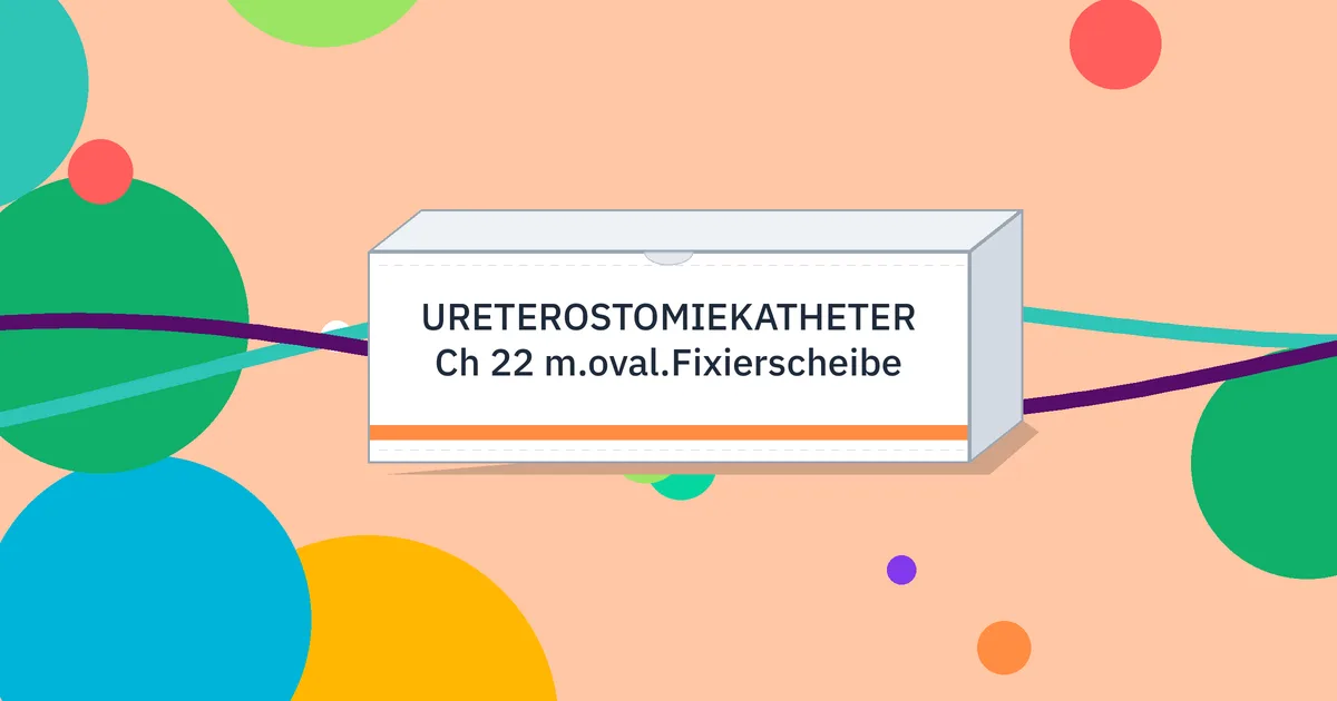 Symbolbild: Packung mit der Aufschrift URETEROSTOMIEKATHETER Ch 22 m.oval.Fixierscheibe (PZN 17509038) – Verfügbarkeit und Bezug in Apotheken in Frankfurt am Main