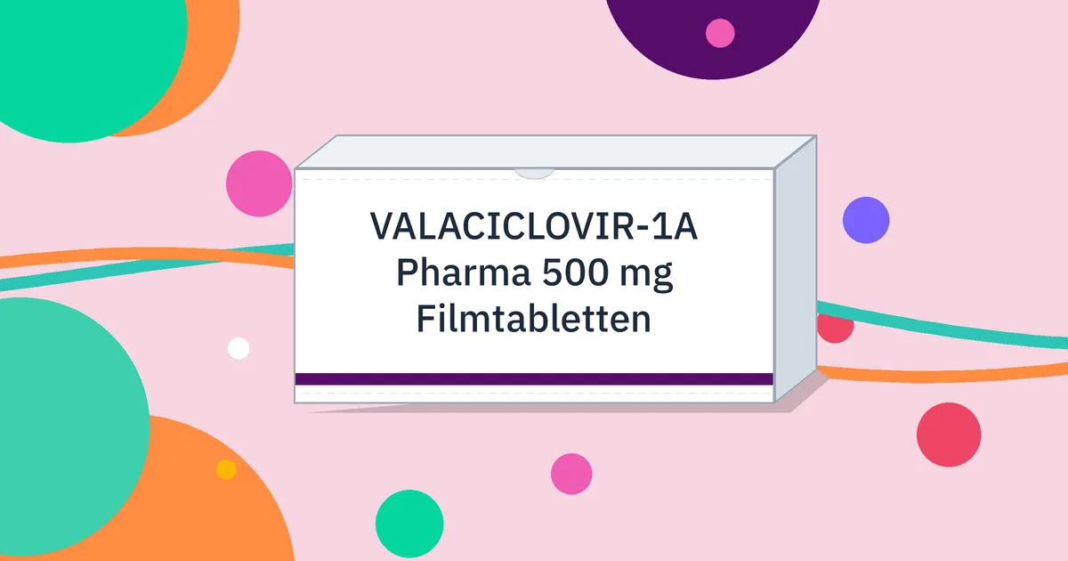 Symbolbild: Packung mit der Aufschrift VALACICLOVIR-1A Pharma 500 mg Filmtabletten (PZN 05486289) – Verfügbarkeit und Bezug in Apotheken in Frankfurt am Main