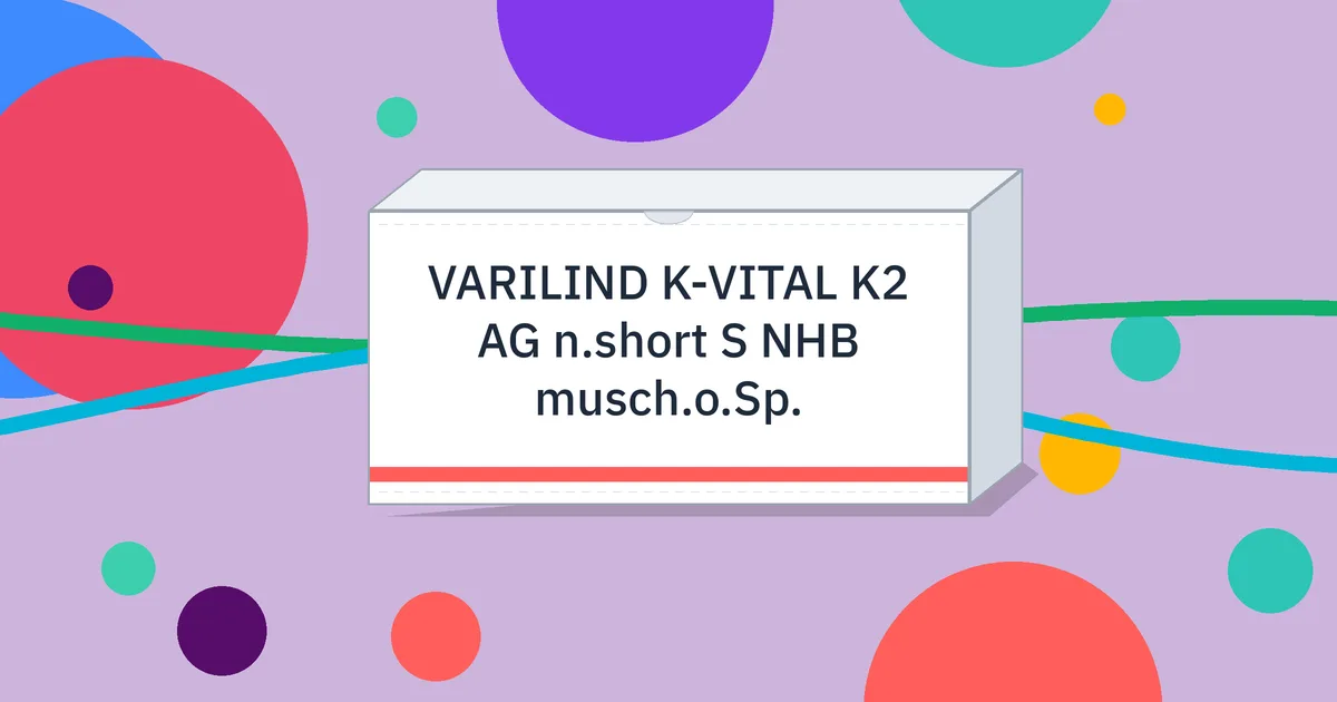 Symbolbild: Packung mit der Aufschrift VARILIND K-VITAL K2 AG n.short S NHB musch.o.Sp. (PZN 20565595) – Verfügbarkeit und Bezug in Apotheken in Frankfurt am Main