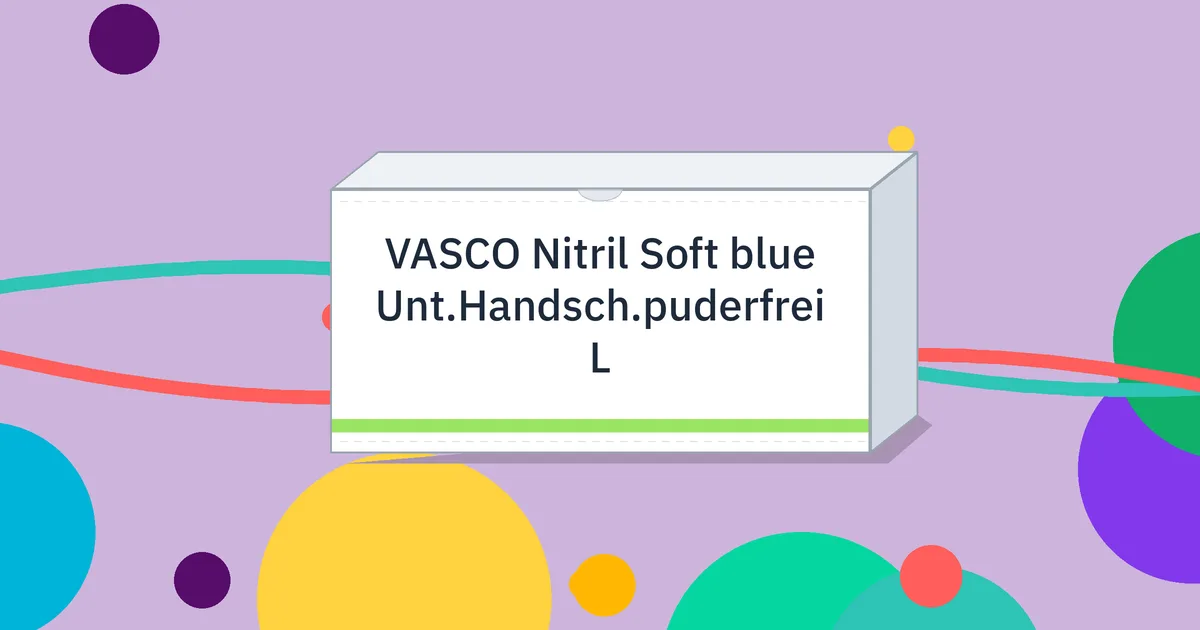 Symbolbild: Packung mit der Aufschrift VASCO Nitril Soft blue Unt.Handsch.puderfrei L (PZN 12907774) – Verfügbarkeit und Bezug in Apotheken in Frankfurt am Main