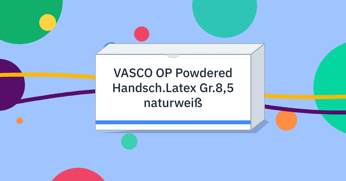 Symbolbild: Packung mit der Aufschrift VASCO OP Powdered Handsch.Latex Gr.8,5 naturweiß (PZN 14382755) – Verfügbarkeit und Bezug in Apotheken in Frankfurt am Main