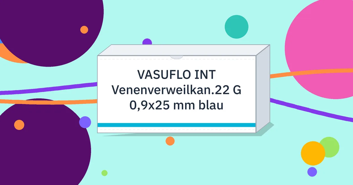 Symbolbild: Packung mit der Aufschrift VASUFLO INT Venenverweilkan.22 G 0,9x25 mm blau (PZN 18605005) – Verfügbarkeit und Bezug in Apotheken in Frankfurt am Main
