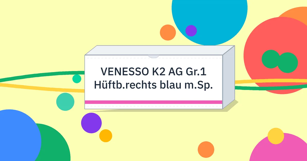 Symbolbild: Packung mit der Aufschrift VENESSO K2 AG Gr.1 Hüftb.rechts blau m.Sp. (PZN 03273218) – Verfügbarkeit und Bezug in Apotheken in Frankfurt am Main