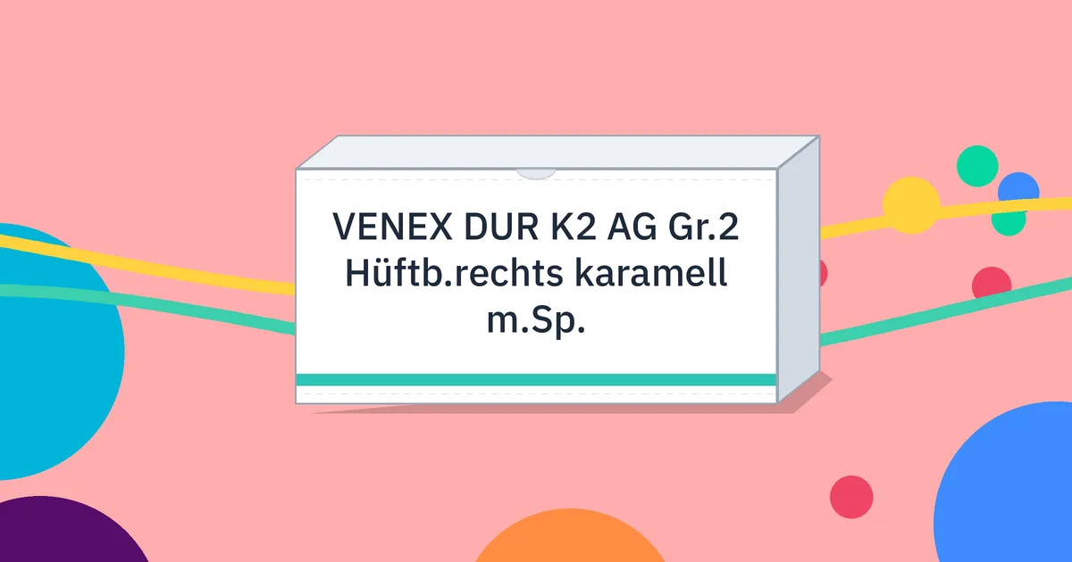 Symbolbild: Packung mit der Aufschrift VENEX DUR K2 AG Gr.2 Hüftb.rechts karamell m.Sp. (PZN 13761143) – Verfügbarkeit und Bezug in Apotheken in Frankfurt am Main