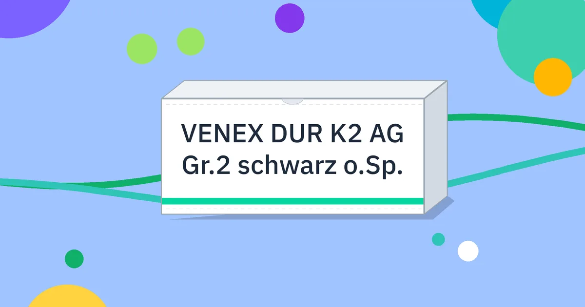 Symbolbild: Packung mit der Aufschrift VENEX DUR K2 AG Gr.2 schwarz o.Sp. (PZN 03217510) – Verfügbarkeit und Bezug in Apotheken in Frankfurt am Main