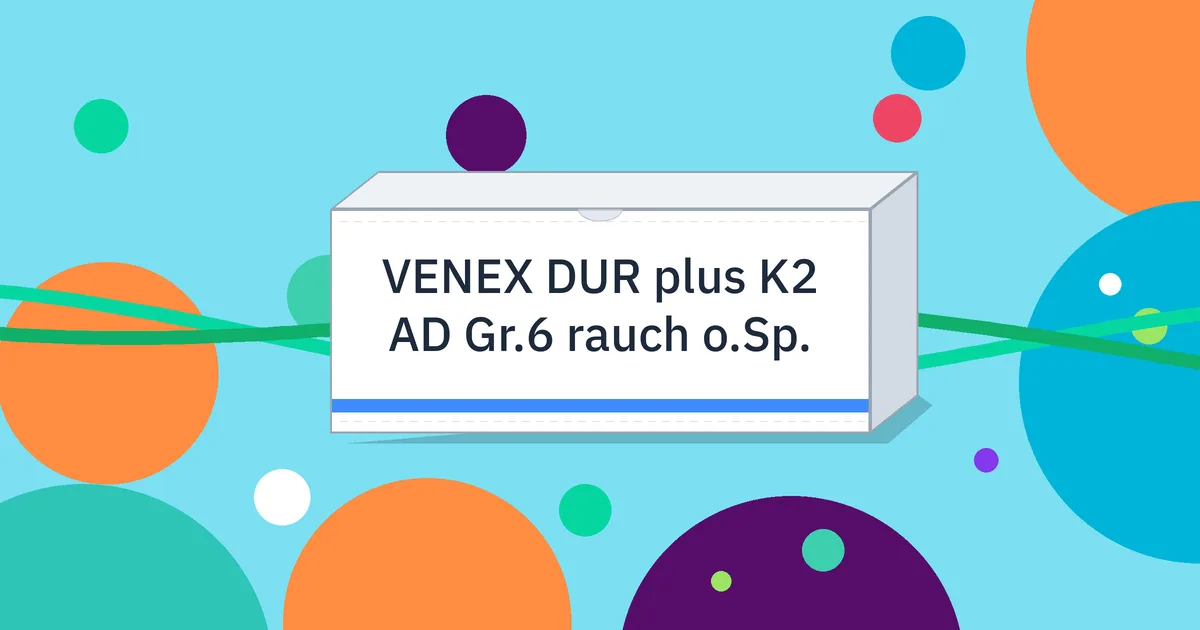 Symbolbild: Packung mit der Aufschrift VENEX DUR plus K2 AD Gr.6 rauch o.Sp. (PZN 03233845) – Verfügbarkeit und Bezug in Apotheken in Frankfurt am Main