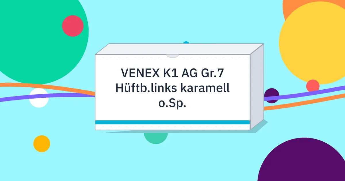 Symbolbild: Packung mit der Aufschrift VENEX K1 AG Gr.7 Hüftb.links karamell o.Sp. (PZN 13761120) – Verfügbarkeit und Bezug in Apotheken in Frankfurt am Main