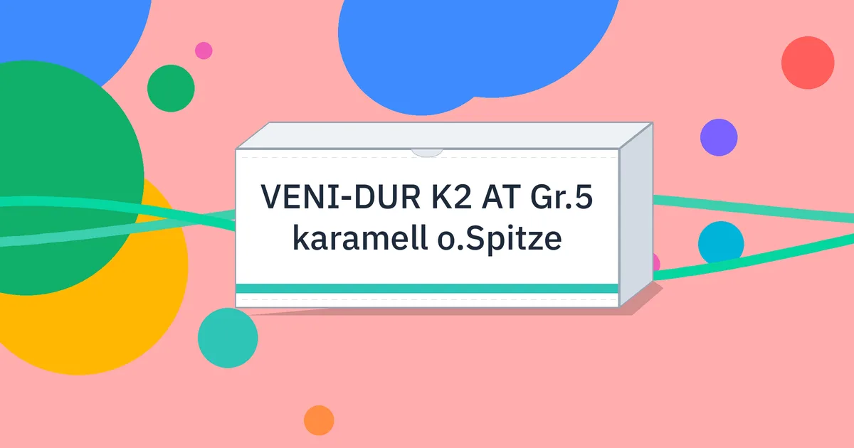 Symbolbild: Packung mit der Aufschrift VENI-DUR K2 AT Gr.5 karamell o.Spitze (PZN 13757064) – Verfügbarkeit und Bezug in Apotheken in Frankfurt am Main