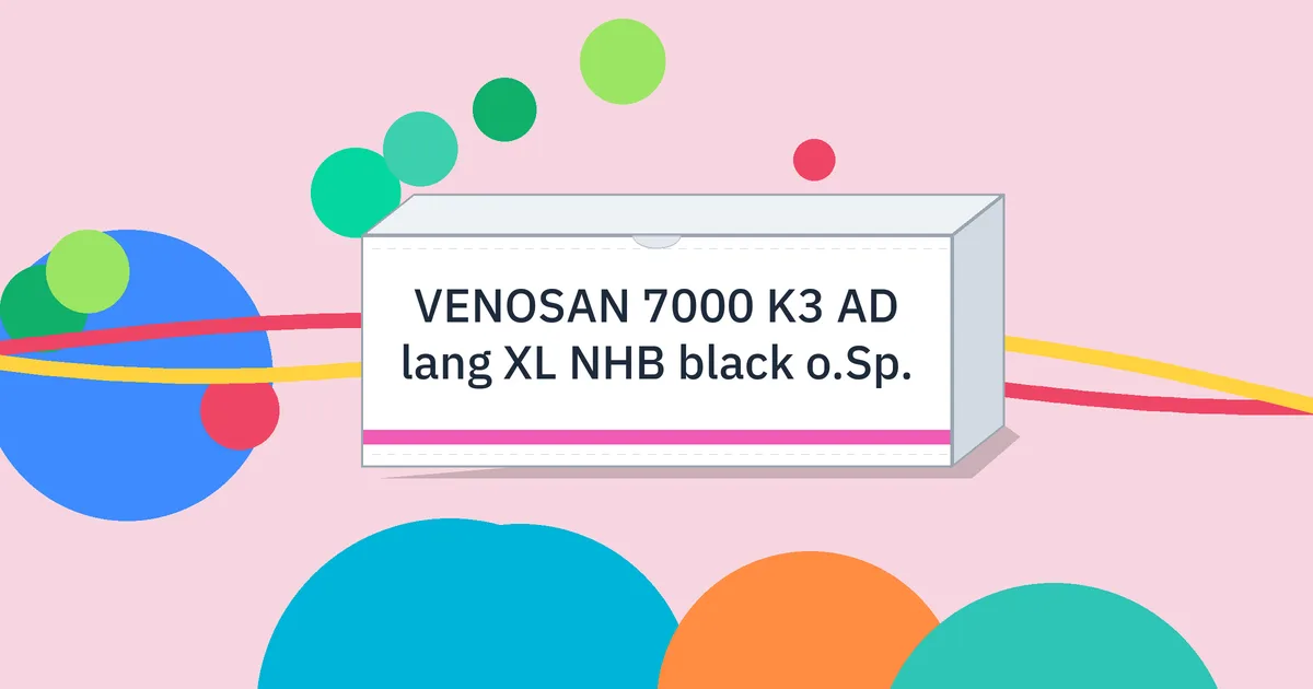 Symbolbild: Packung mit der Aufschrift VENOSAN 7000 K3 AD lang XL NHB black o.Sp. (PZN 14436310) – Verfügbarkeit und Bezug in Apotheken in Frankfurt am Main