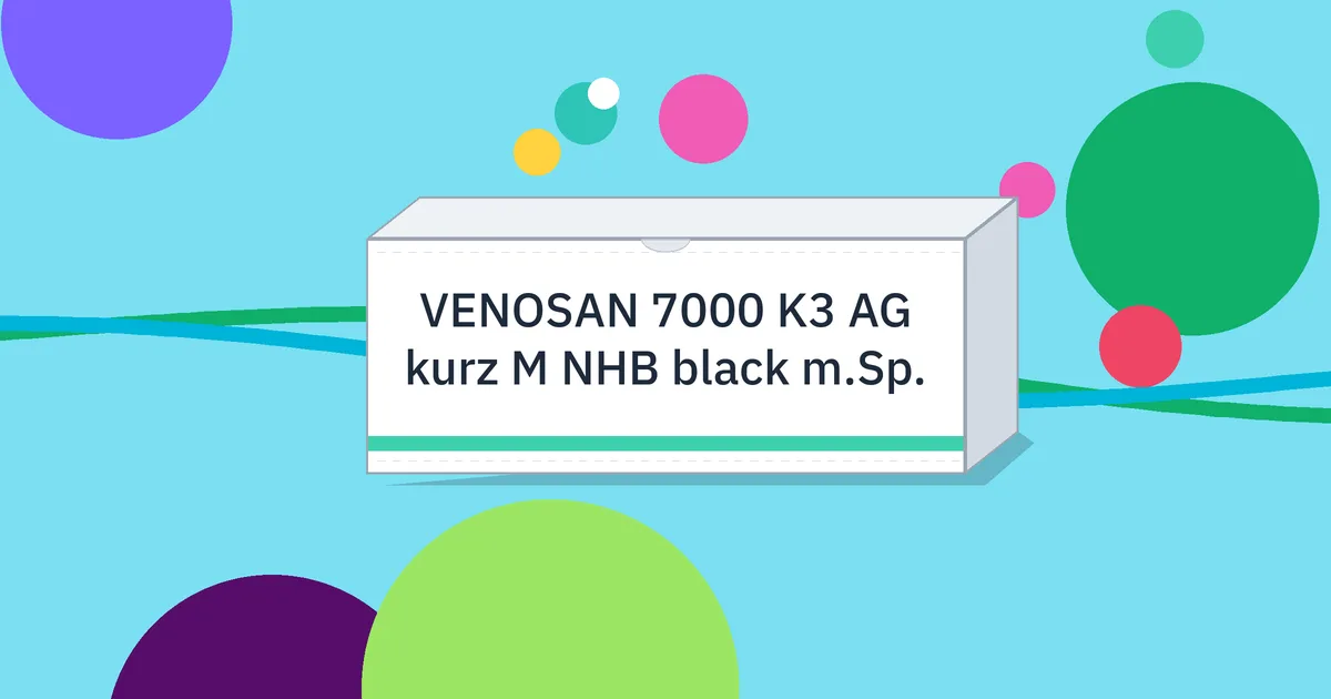 Symbolbild: Packung mit der Aufschrift VENOSAN 7000 K3 AG kurz M NHB black m.Sp. (PZN 14436646) – Verfügbarkeit und Bezug in Apotheken in Frankfurt am Main