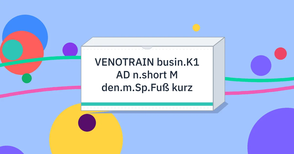 Symbolbild: Packung mit der Aufschrift VENOTRAIN busin.K1 AD n.short M den.m.Sp.Fuß kurz (PZN 19057333) – Verfügbarkeit und Bezug in Apotheken in Frankfurt am Main