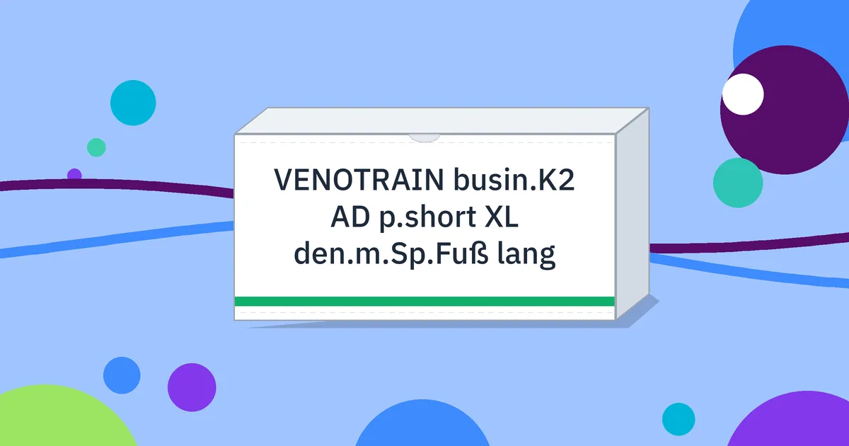 Symbolbild: Packung mit der Aufschrift VENOTRAIN busin.K2 AD p.short XL den.m.Sp.Fuß lang (PZN 19057066) – Verfügbarkeit und Bezug in Apotheken in Frankfurt am Main
