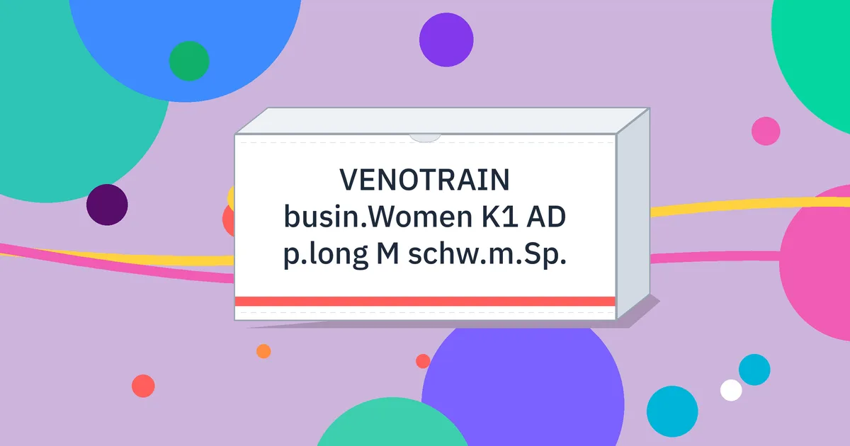 Symbolbild: Packung mit der Aufschrift VENOTRAIN busin.Women K1 AD p.long M schw.m.Sp. (PZN 10195499) – Verfügbarkeit und Bezug in Apotheken in Frankfurt am Main
