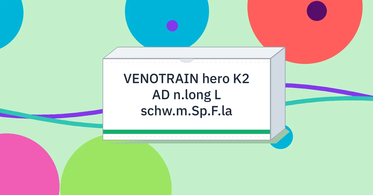 Symbolbild: Packung mit der Aufschrift VENOTRAIN hero K2 AD n.long L schw.m.Sp.F.la (PZN 19189922) – Verfügbarkeit und Bezug in Apotheken in Frankfurt am Main
