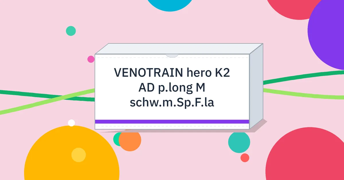 Symbolbild: Packung mit der Aufschrift VENOTRAIN hero K2 AD p.long M schw.m.Sp.F.la (PZN 19190049) – Verfügbarkeit und Bezug in Apotheken in Frankfurt am Main