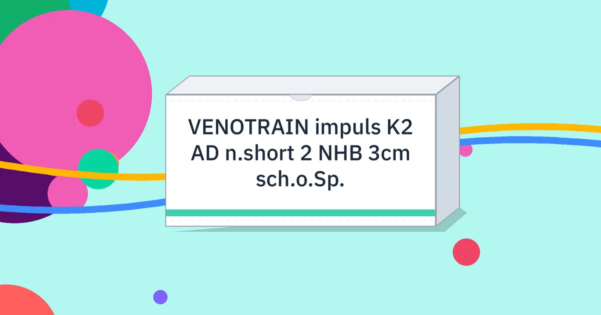 Symbolbild: Packung mit der Aufschrift VENOTRAIN impuls K2 AD n.short 2 NHB 3cm sch.o.Sp. (PZN 00652470) – Verfügbarkeit und Bezug in Apotheken in Frankfurt am Main