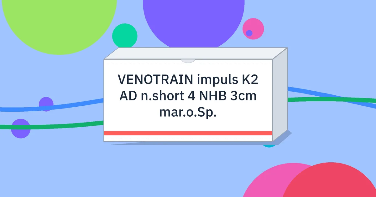Symbolbild: Packung mit der Aufschrift VENOTRAIN impuls K2 AD n.short 4 NHB 3cm mar.o.Sp. (PZN 15223740) – Verfügbarkeit und Bezug in Apotheken in Frankfurt am Main