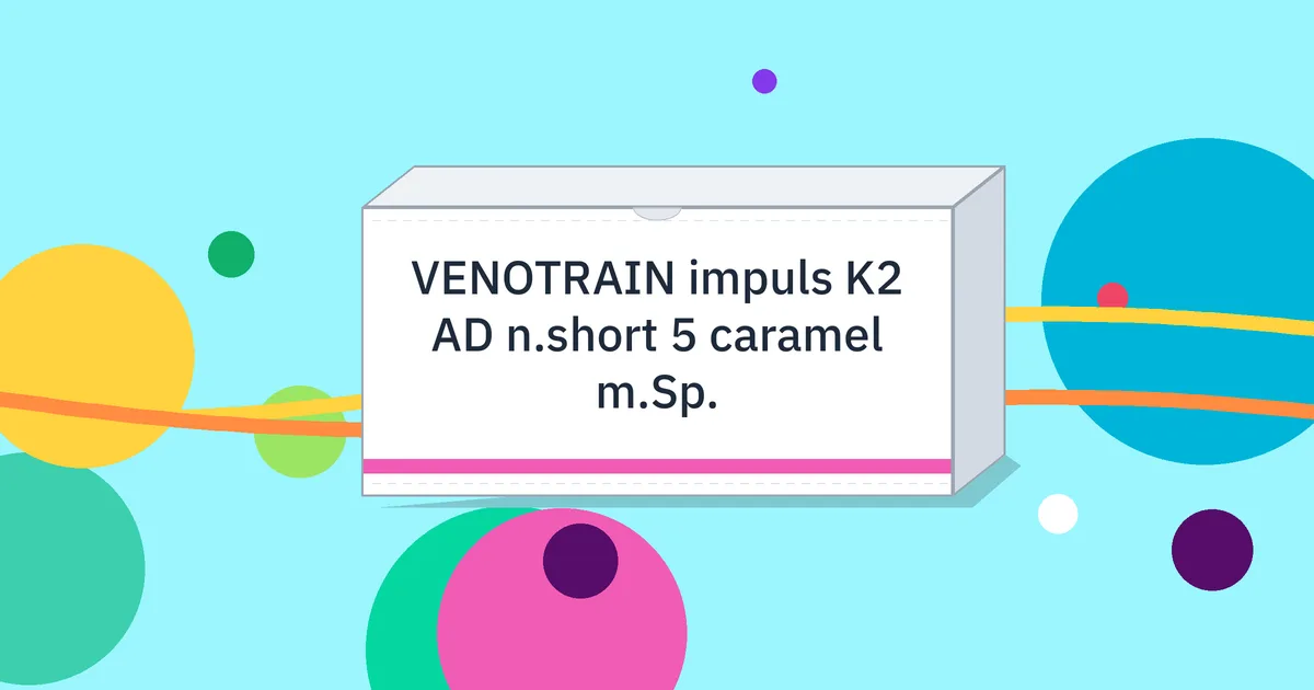 Symbolbild: Packung mit der Aufschrift VENOTRAIN impuls K2 AD n.short 5 caramel m.Sp. (PZN 00608227) – Verfügbarkeit und Bezug in Apotheken in Frankfurt am Main