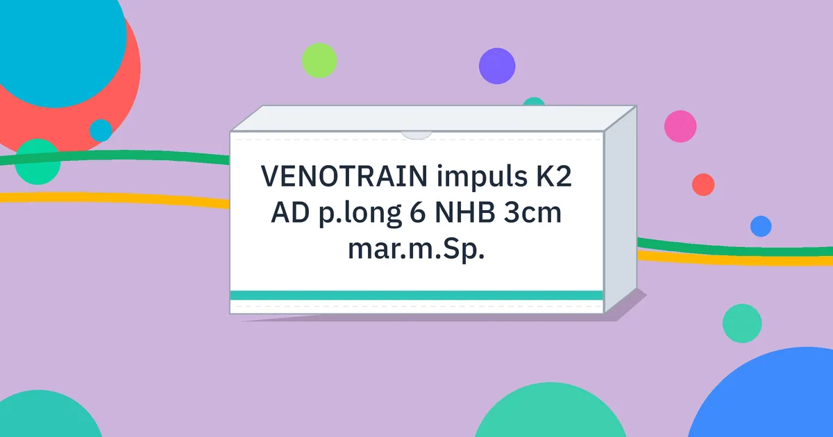 Symbolbild: Packung mit der Aufschrift VENOTRAIN impuls K2 AD p.long 6 NHB 3cm mar.m.Sp. (PZN 15223705) – Verfügbarkeit und Bezug in Apotheken in Frankfurt am Main
