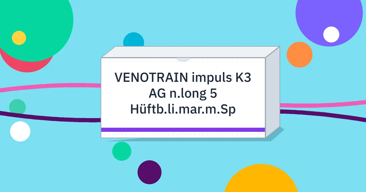 Symbolbild: Packung mit der Aufschrift VENOTRAIN impuls K3 AG n.long 5 Hüftb.li.mar.m.Sp (PZN 15220032) – Verfügbarkeit und Bezug in Apotheken in Frankfurt am Main