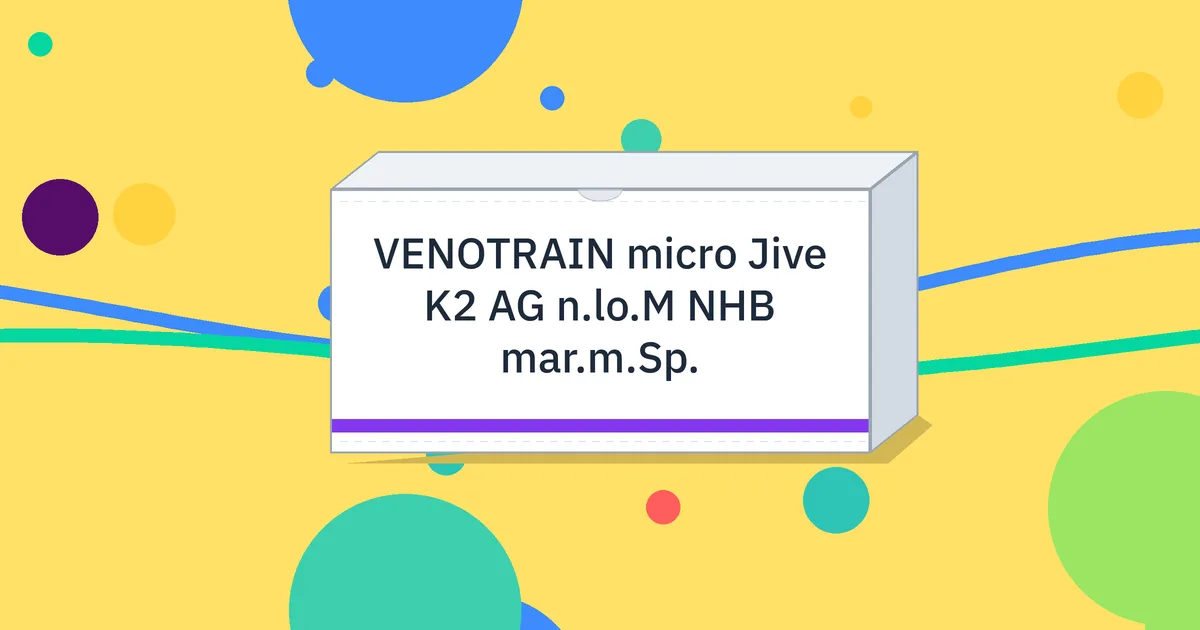 Symbolbild: Packung mit der Aufschrift VENOTRAIN micro Jive K2 AG n.lo.M NHB mar.m.Sp. (PZN 17767496) – Verfügbarkeit und Bezug in Apotheken in Frankfurt am Main