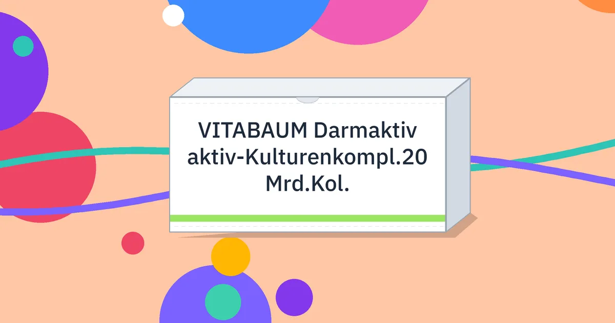 Symbolbild: Packung mit der Aufschrift VITABAUM Darmaktiv aktiv-Kulturenkompl.20 Mrd.Kol. (PZN 16779221) – Verfügbarkeit und Bezug in Apotheken in Frankfurt am Main