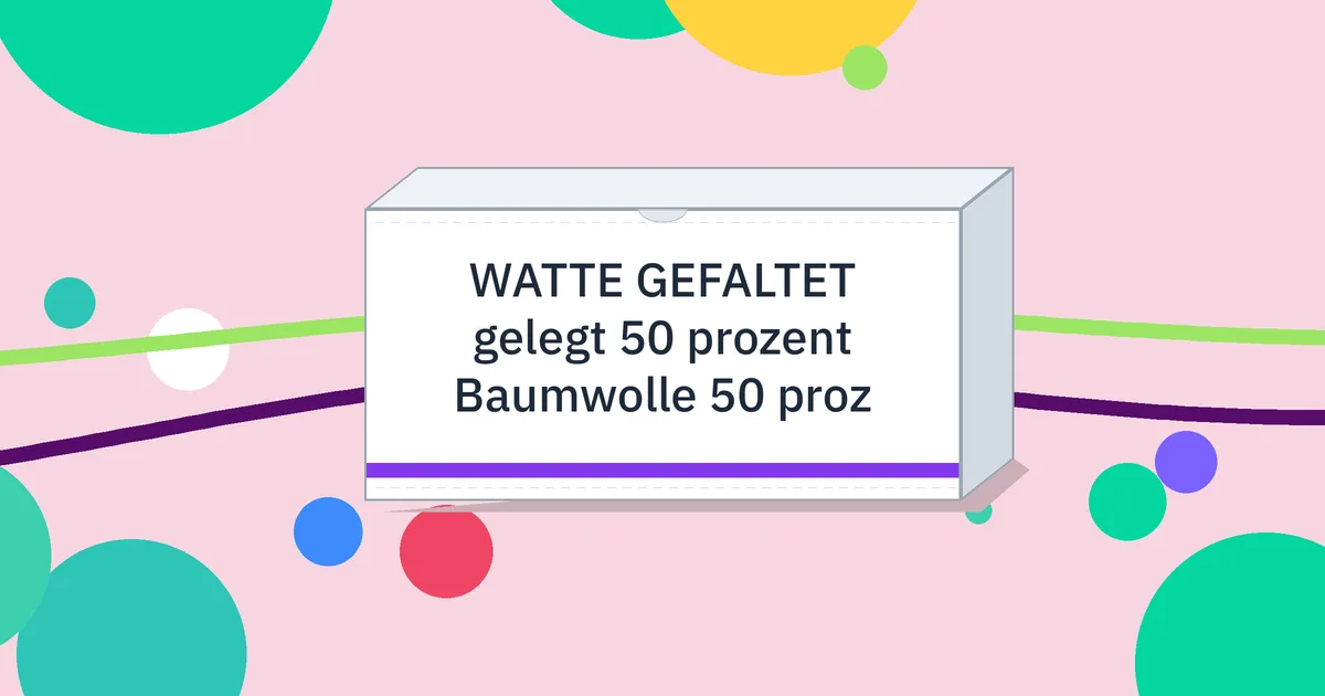 Symbolbild: Packung mit der Aufschrift WATTE GEFALTET gelegt 50 prozent Baumwolle 50 proz (PZN 18715076) – Verfügbarkeit und Bezug in Apotheken in Frankfurt am Main
