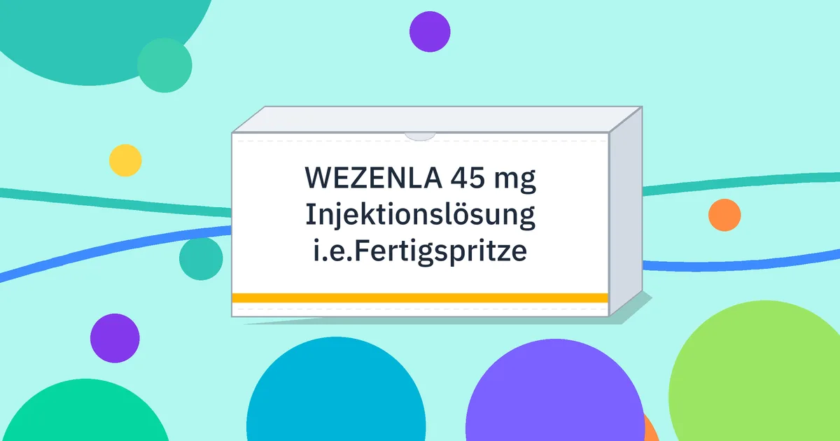 Symbolbild: Packung mit der Aufschrift WEZENLA 45 mg Injektionslösung i.e.Fertigspritze (PZN 19624269) – Verfügbarkeit und Bezug in Apotheken in Frankfurt am Main