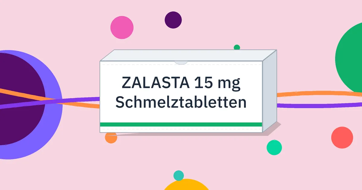 Symbolbild: Packung mit der Aufschrift ZALASTA 15 mg Schmelztabletten (PZN 09098058) – Verfügbarkeit und Bezug in Apotheken in Frankfurt am Main