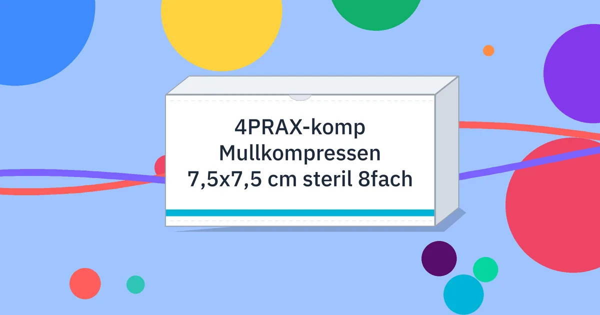 Symbolbild: Packung mit der Aufschrift 4PRAX-komp Mullkompressen 7,5x7,5 cm steril 8fach (PZN 20229727) – Verfügbarkeit und Bezug in Apotheken in Frankfurt am Main