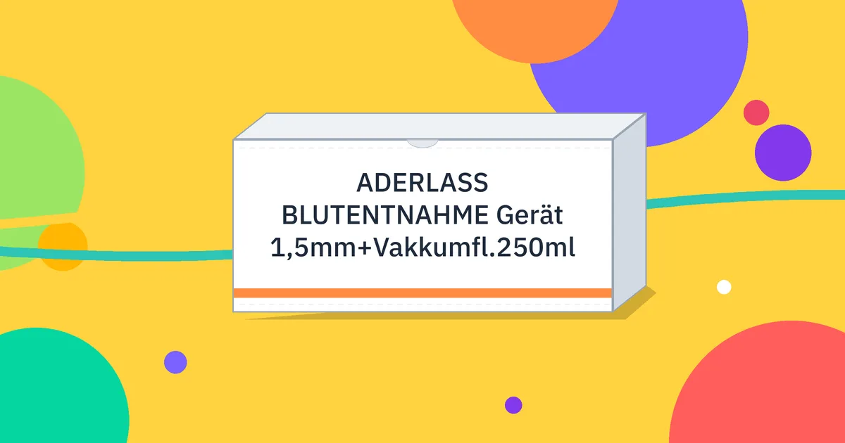 Symbolbild: Packung mit der Aufschrift ADERLASS BLUTENTNAHME Gerät 1,5mm+Vakkumfl.250ml (PZN 15739596) – Verfügbarkeit und Bezug in Apotheken in Frankfurt am Main