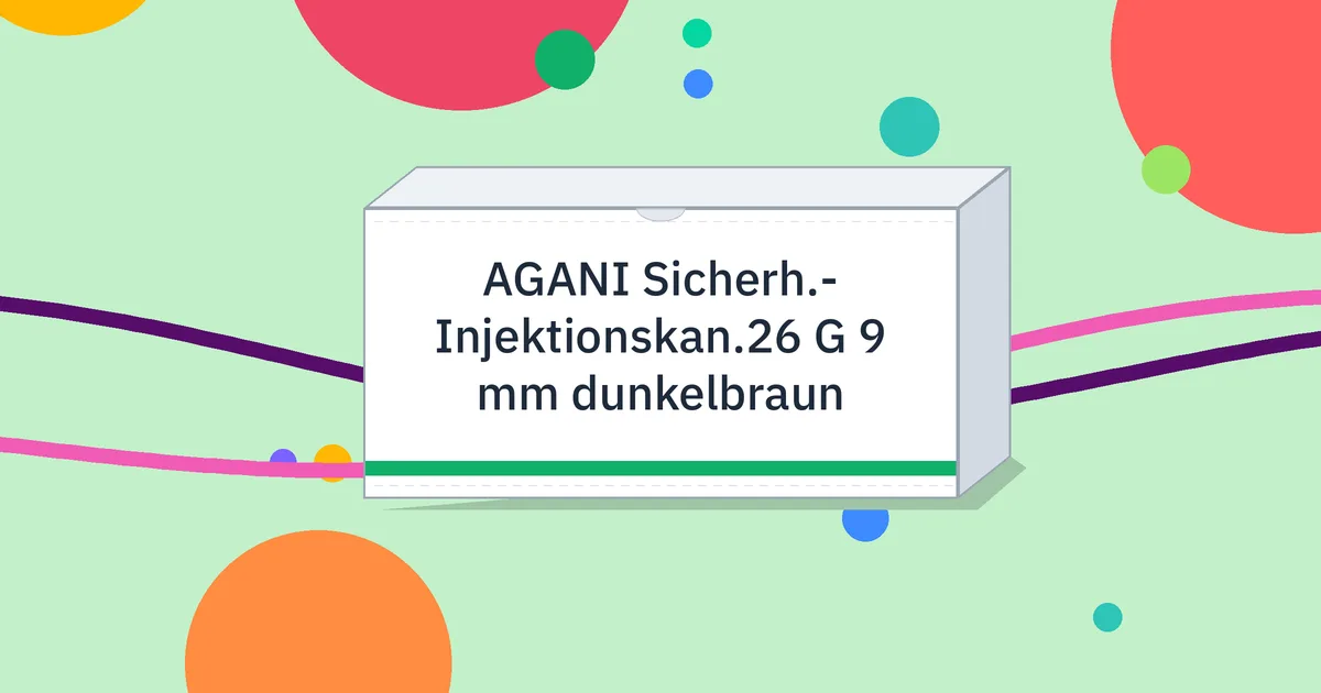 Symbolbild: Packung mit der Aufschrift AGANI Sicherh.-Injektionskan.26 G 9 mm dunkelbraun (PZN 20130845) – Verfügbarkeit und Bezug in Apotheken in Frankfurt am Main