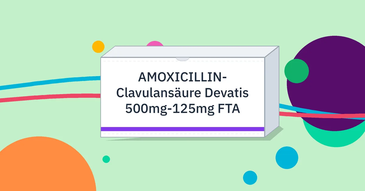 Symbolbild: Packung mit der Aufschrift AMOXICILLIN-Clavulansäure Devatis 500mg-125mg FTA (PZN 15404364) – Verfügbarkeit und Bezug in Apotheken in Frankfurt am Main