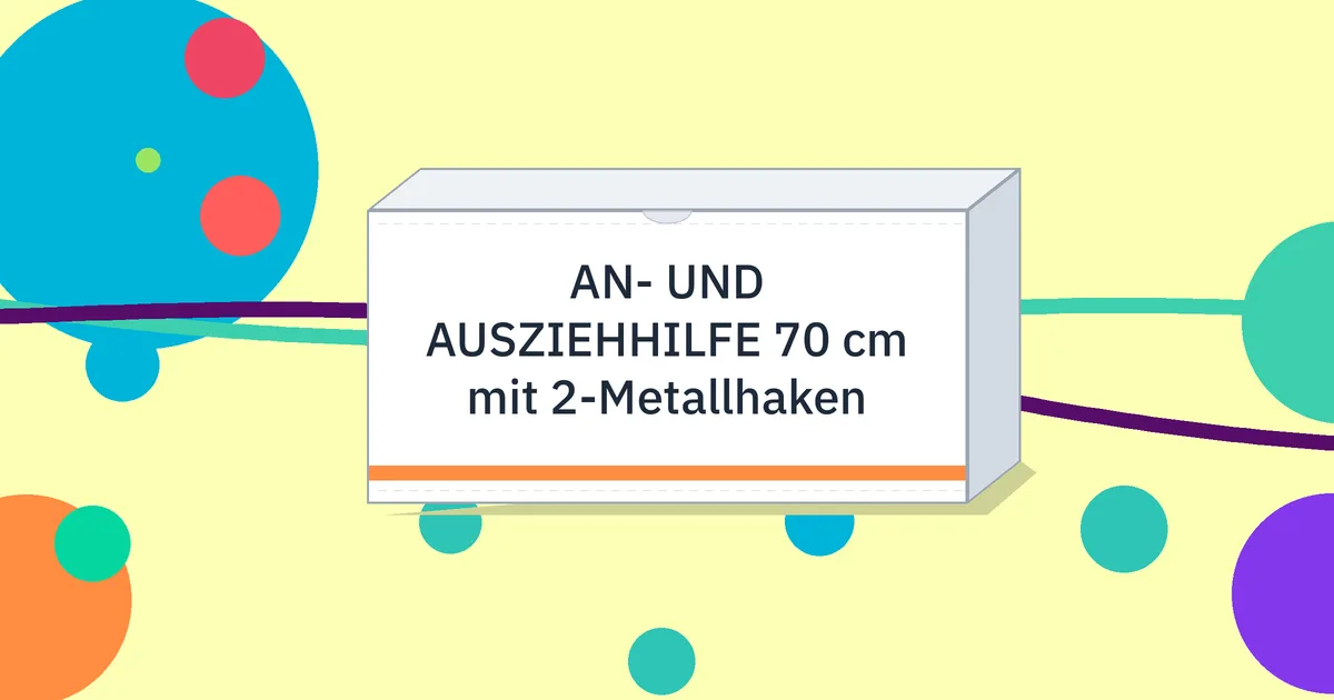 Symbolbild: Packung mit der Aufschrift AN- UND AUSZIEHHILFE 70 cm mit 2-Metallhaken (PZN 10124039) – Verfügbarkeit und Bezug in Apotheken in Frankfurt am Main