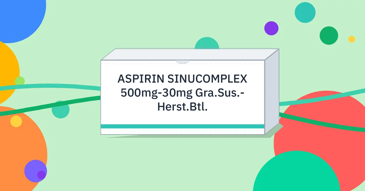 Symbolbild: Packung mit der Aufschrift ASPIRIN SINUCOMPLEX 500mg-30mg Gra.Sus.-Herst.Btl. (PZN 14036711) – Verfügbarkeit und Bezug in Apotheken in Frankfurt am Main