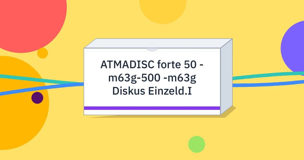 Symbolbild: Packung mit der Aufschrift ATMADISC forte 50 -m63g-500 -m63g Diskus Einzeld.I (PZN 01288457) – Verfügbarkeit und Bezug in Apotheken in Frankfurt am Main