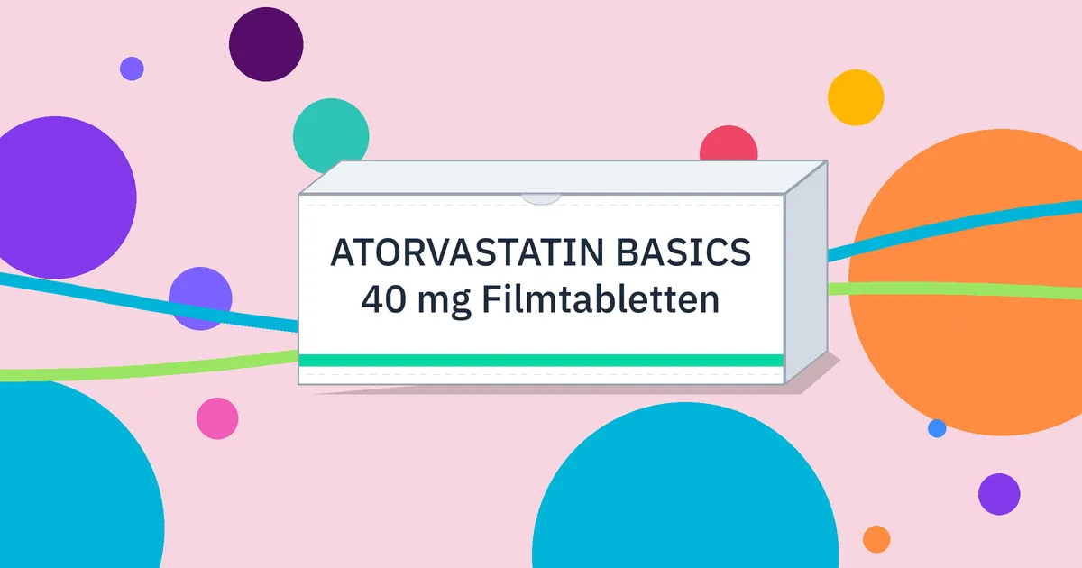 Symbolbild: Packung mit der Aufschrift ATORVASTATIN BASICS 40 mg Filmtabletten (PZN 00524306) – Verfügbarkeit und Bezug in Apotheken in Frankfurt am Main