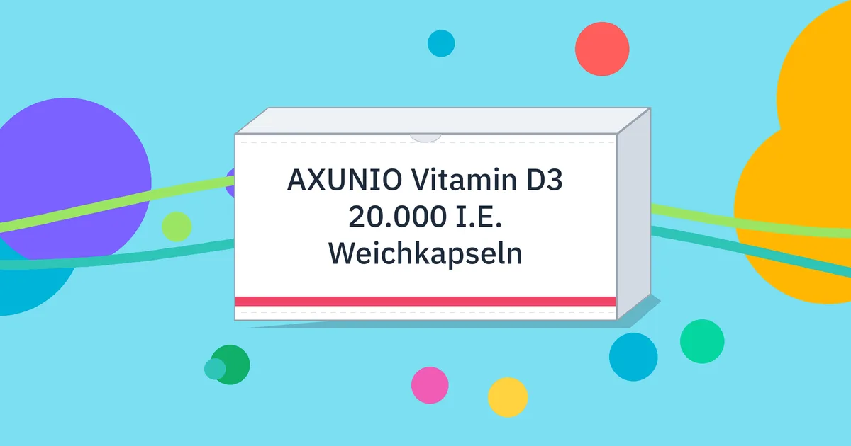 Symbolbild: Packung mit der Aufschrift AXUNIO Vitamin D3 20.000 I.E. Weichkapseln (PZN 17964216) – Verfügbarkeit und Bezug in Apotheken in Frankfurt am Main