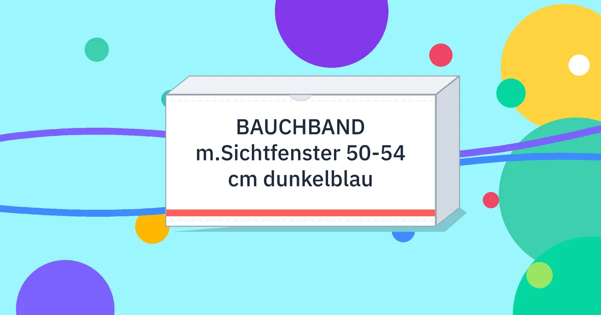 Symbolbild: Packung mit der Aufschrift BAUCHBAND m.Sichtfenster 50-54 cm dunkelblau (PZN 12904095) – Verfügbarkeit und Bezug in Apotheken in Frankfurt am Main