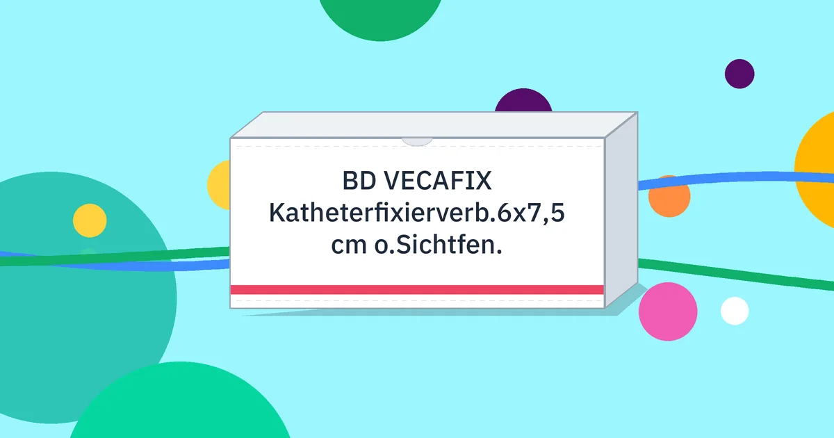 Symbolbild: Packung mit der Aufschrift BD VECAFIX Katheterfixierverb.6x7,5 cm o.Sichtfen. (PZN 04219735) – Verfügbarkeit und Bezug in Apotheken in Frankfurt am Main