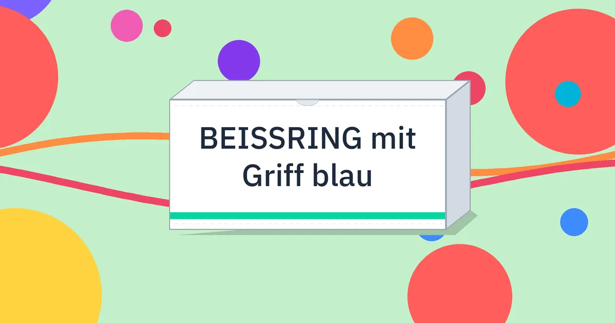 Symbolbild: Packung mit der Aufschrift BEISSRING mit Griff blau (PZN 03566446) – Verfügbarkeit und Bezug in Apotheken in Frankfurt am Main
