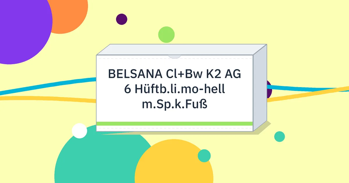 Symbolbild: Packung mit der Aufschrift BELSANA Cl+Bw K2 AG 6 Hüftb.li.mo-hell m.Sp.k.Fuß (PZN 12255389) – Verfügbarkeit und Bezug in Apotheken in Frankfurt am Main