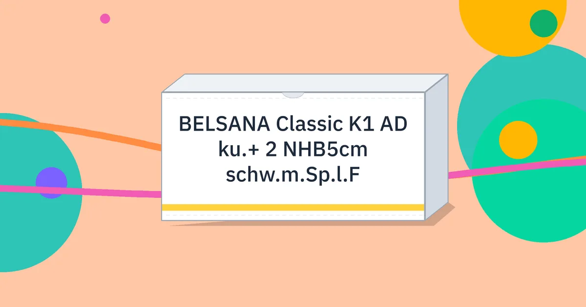 Symbolbild: Packung mit der Aufschrift BELSANA Classic K1 AD ku.+ 2 NHB5cm schw.m.Sp.l.F (PZN 19254803) – Verfügbarkeit und Bezug in Apotheken in Frankfurt am Main
