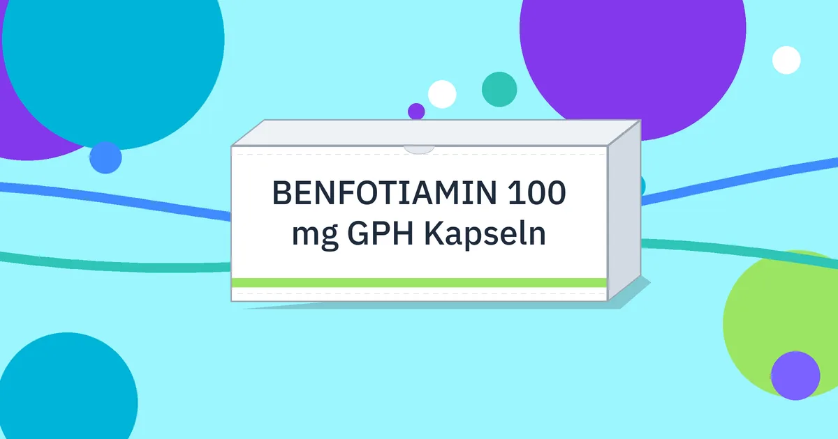 Symbolbild: Packung mit der Aufschrift BENFOTIAMIN 100 mg GPH Kapseln (PZN 11658352) – Verfügbarkeit und Bezug in Apotheken in Frankfurt am Main